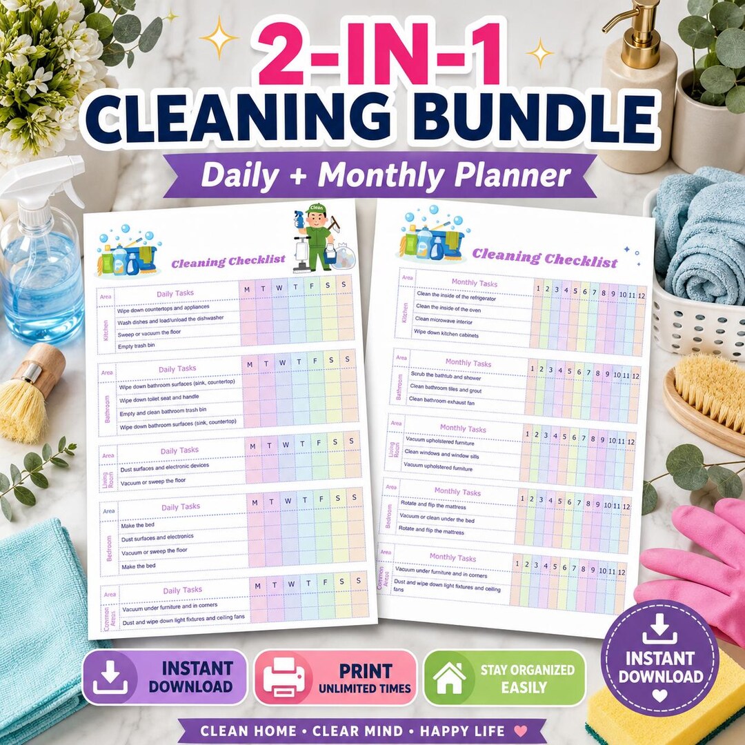 Printable Cleaning Checklist Bundle , Daily & Monthly Cleaning Planner ...