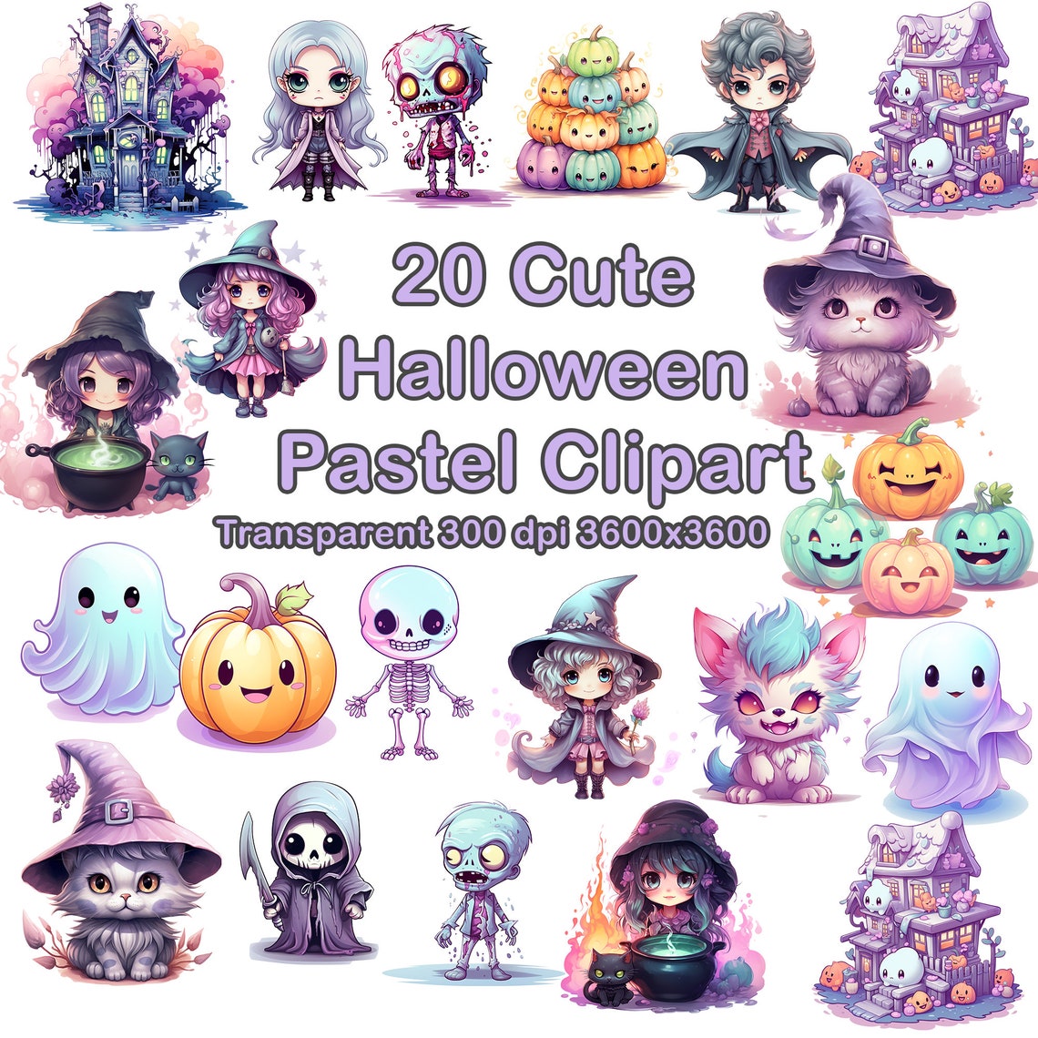 Cute Chibi Pastel Halloween Clipart 20 Transparent PNG Images - Etsy