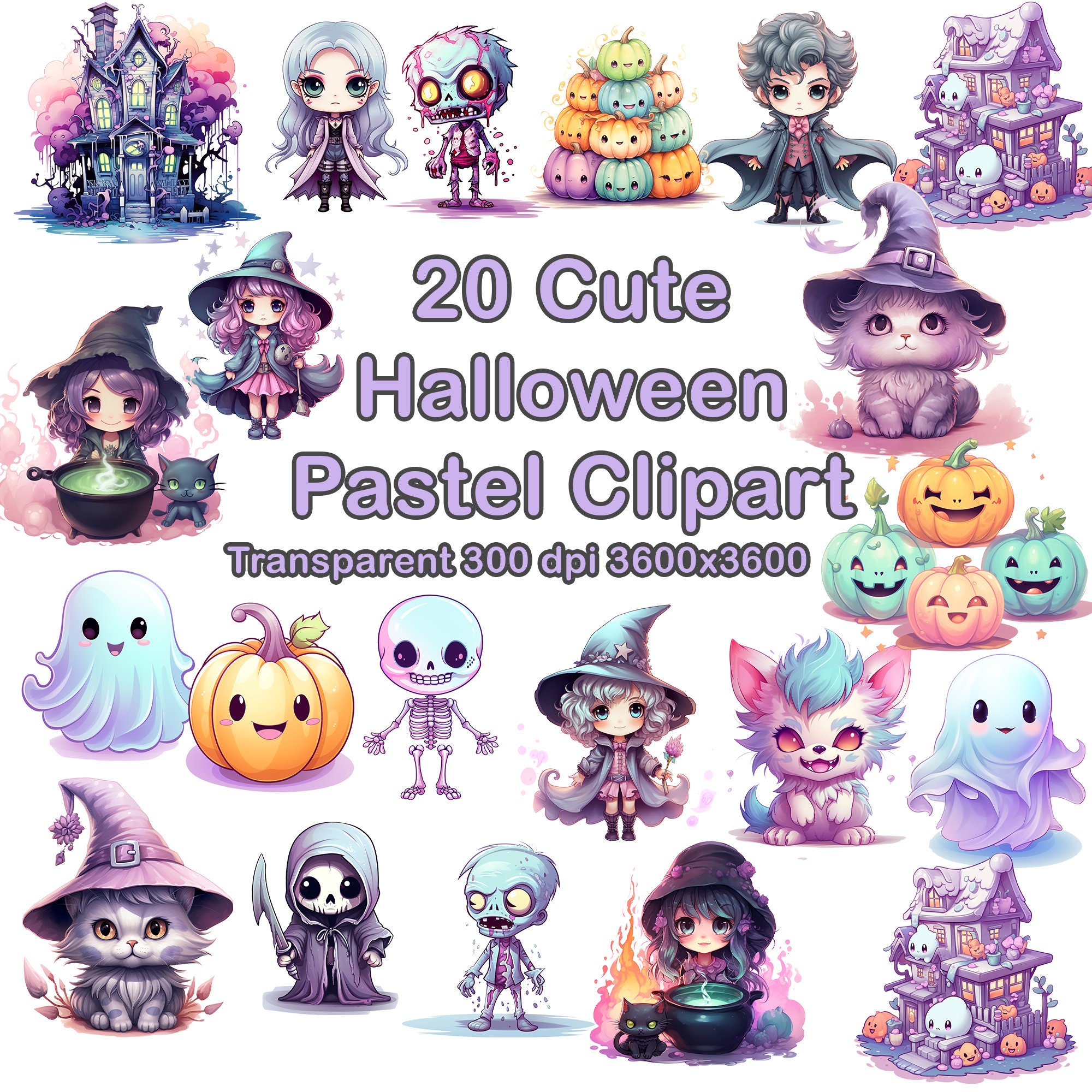 Cute Chibi Pastel Halloween Clipart 20 Transparent PNG Images - Etsy