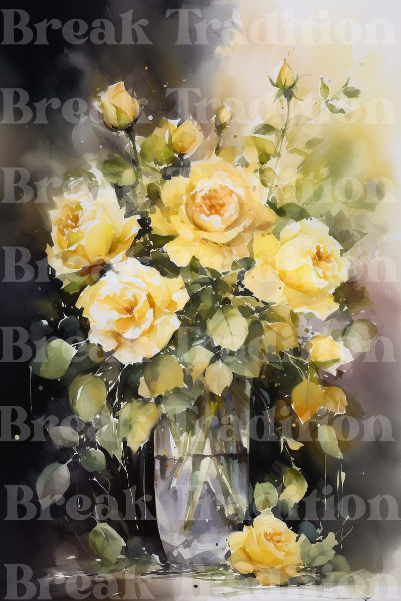 Roses Watercolor Yellow Roses Printable Wall Art Digital - Etsy