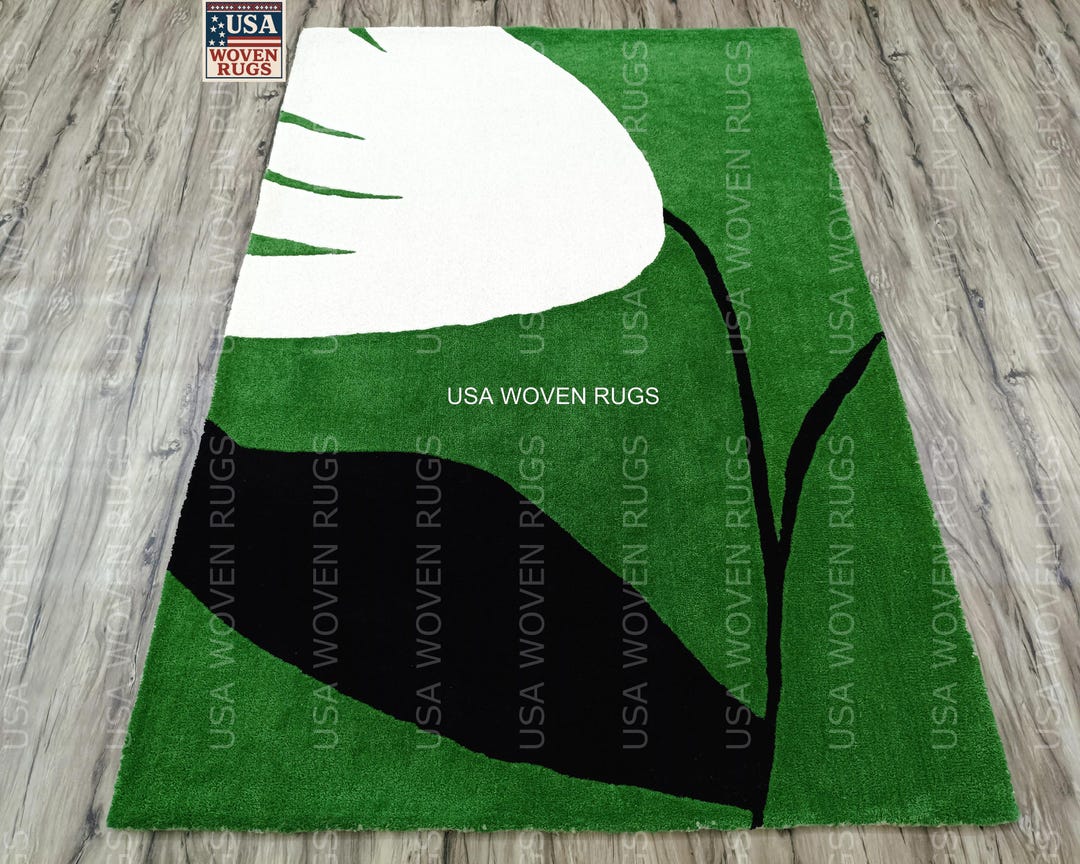 Modern Green Black and White Abstract Floral Rug | Hand Tufted ...