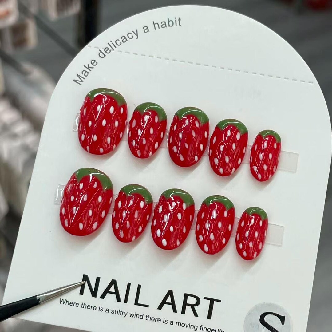 Handmade Strawberry Press on Nails, Reusable Ellipse Gel Nails - Etsy