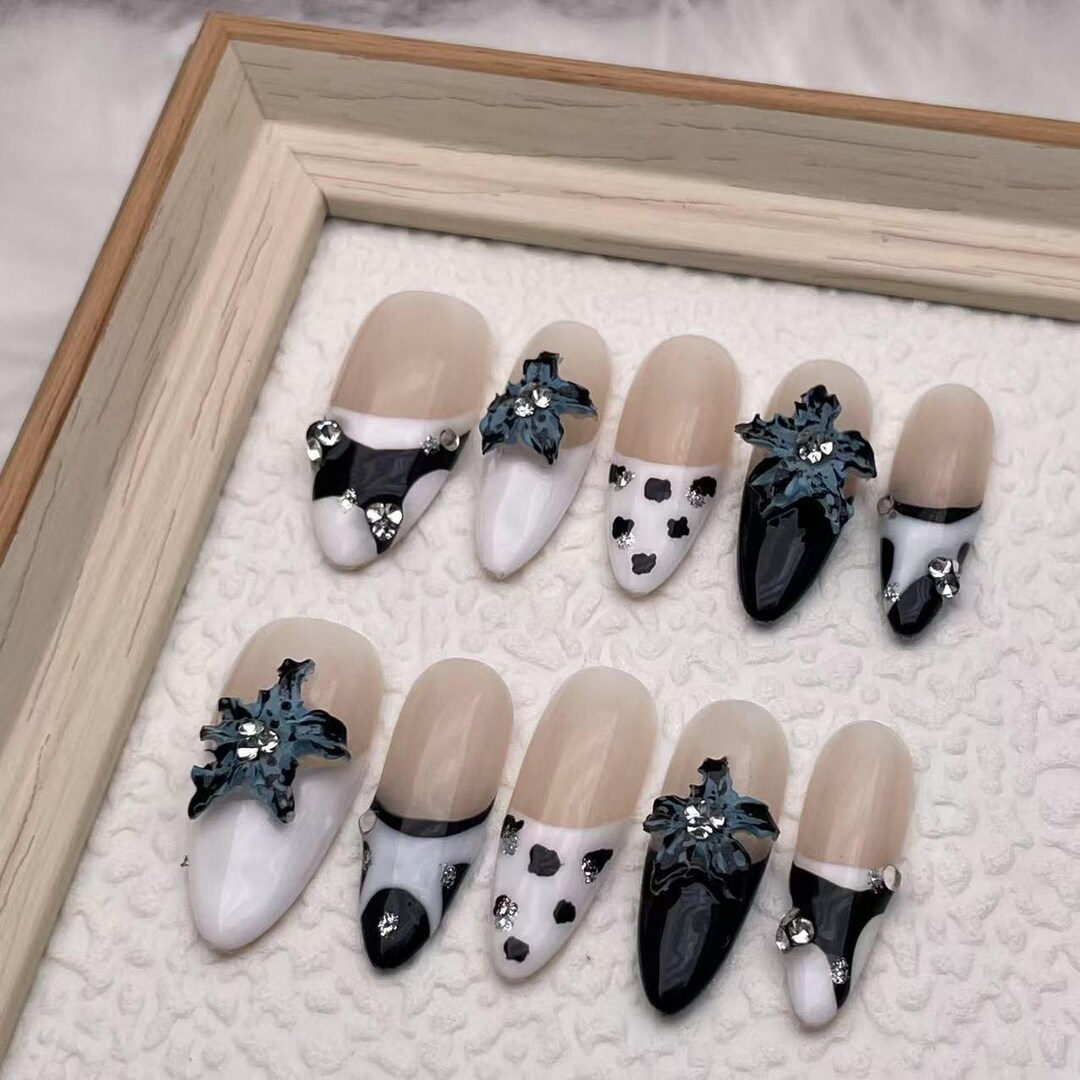 Handmade 3D Art Press on Nails, Long Pointed Ellipse, Party Wedding Gel ...