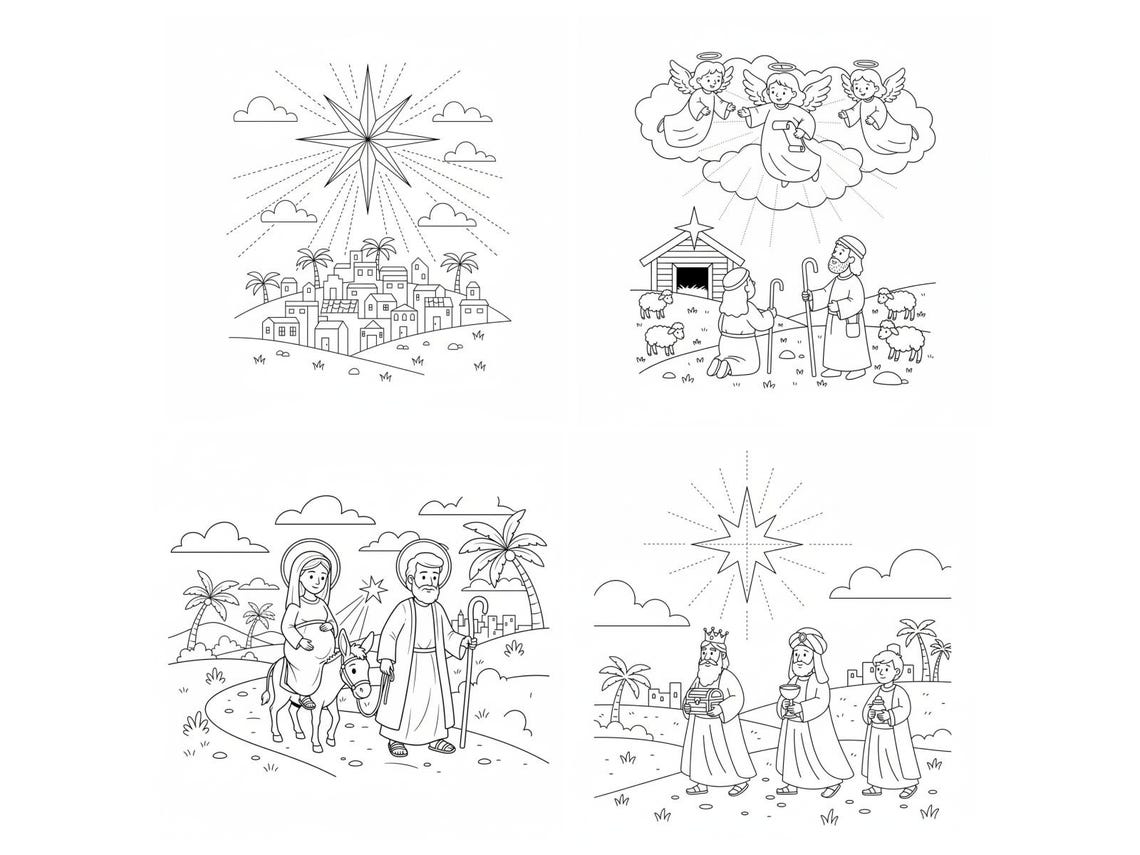Nativity Coloring Pages for Kids, 12 Easy Christmas Bible Scenes ...