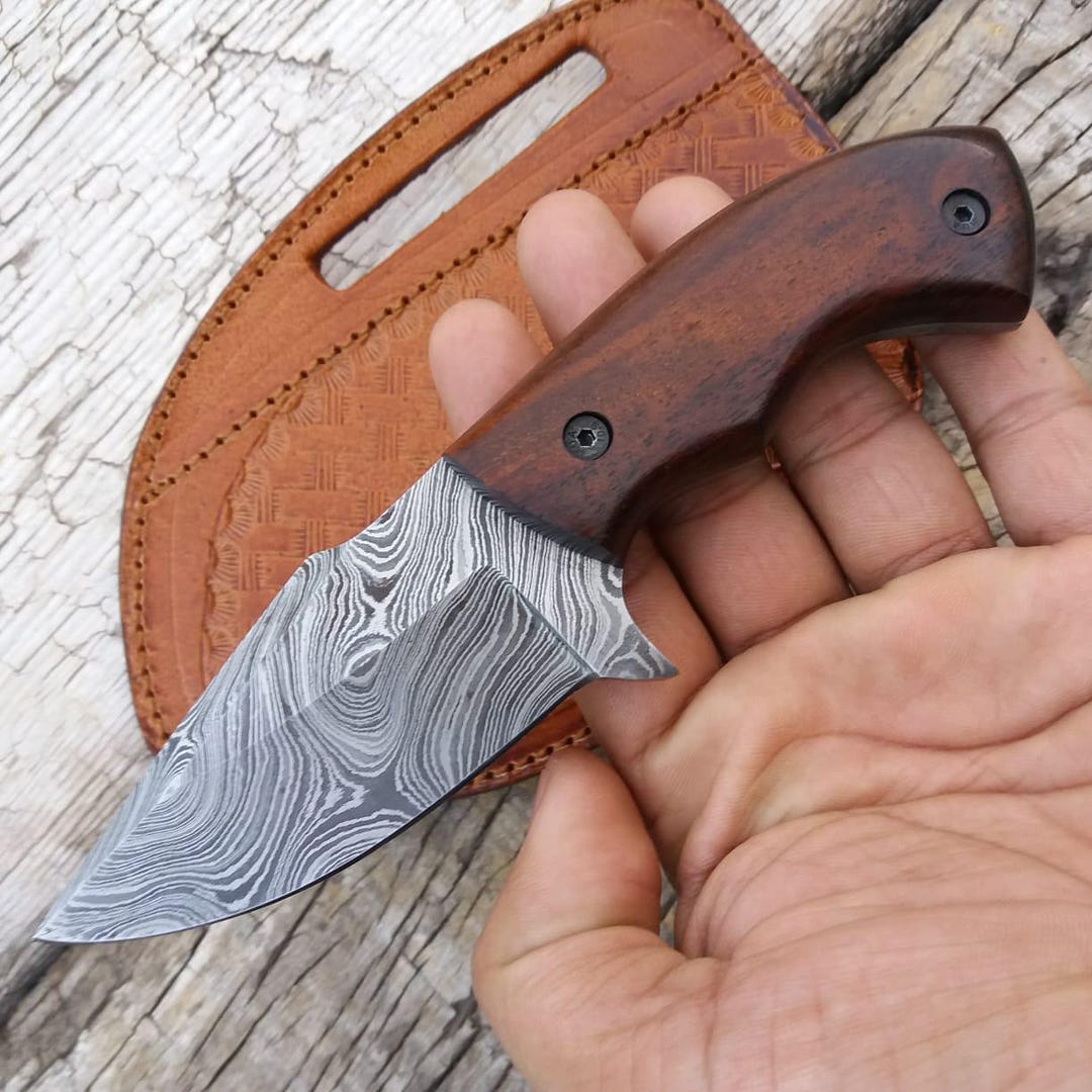 Damascus Steel Cowboy Knife: Rosewood Handle, Leather Cross Draw Sheath ...