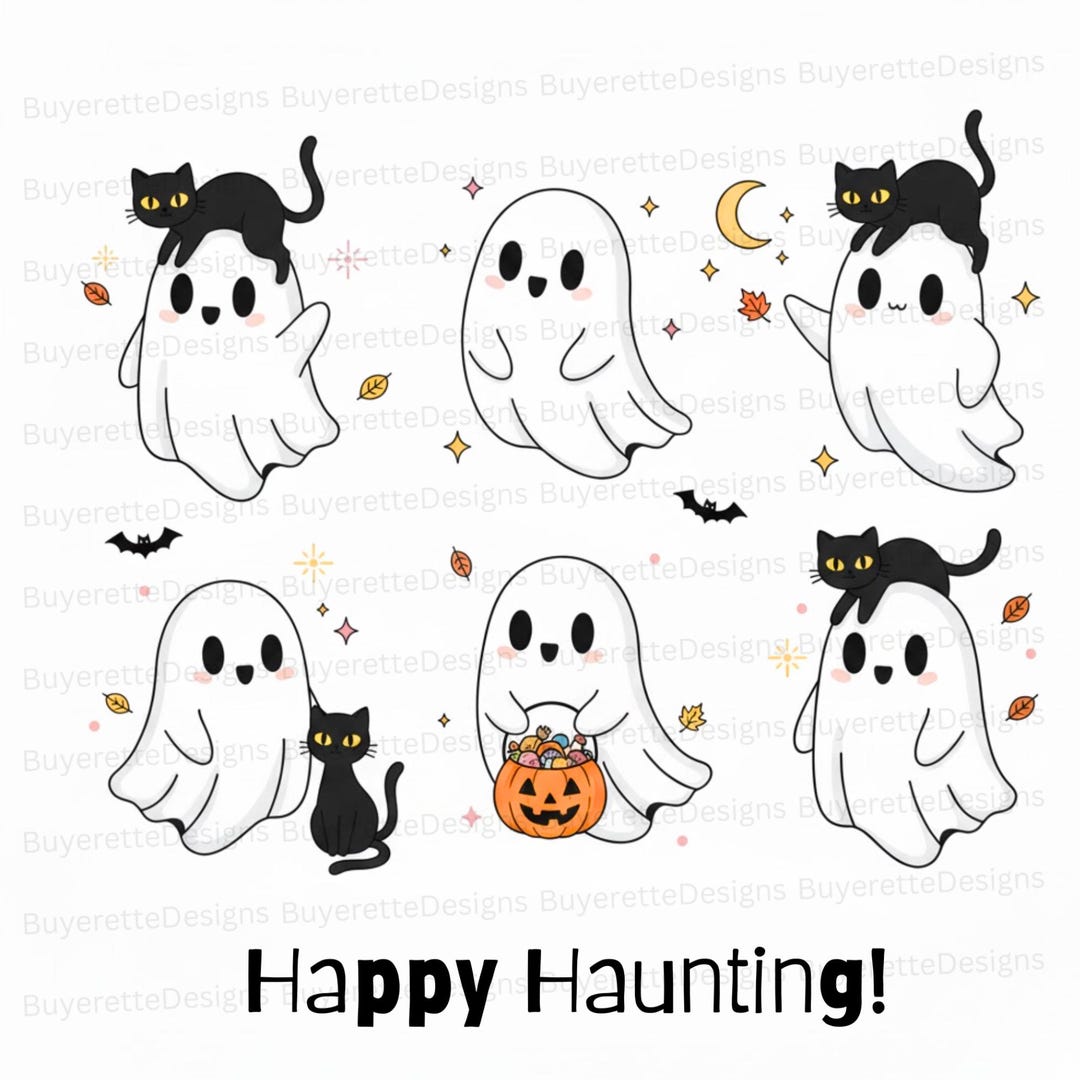 Halloween Black Cat & Ghost PNG, Cute Spooky Season Cat, Graphic Ghost ...