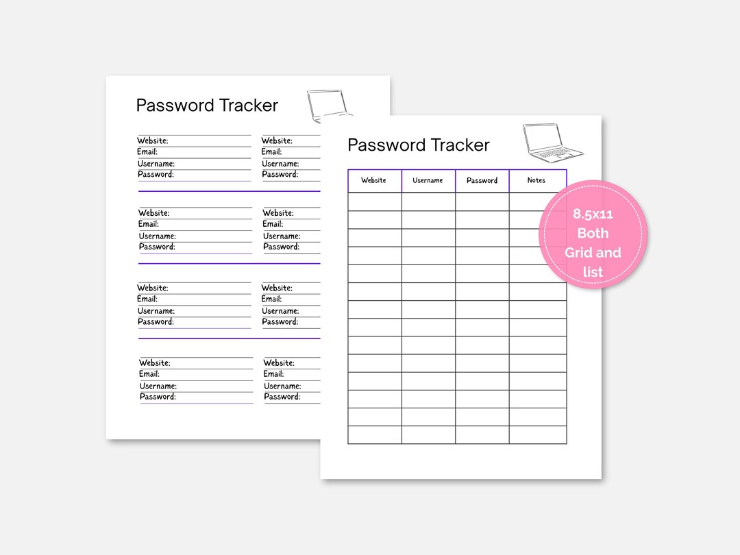 Password Tracker Grid and List Format Bundle, Website, Email, Username ...