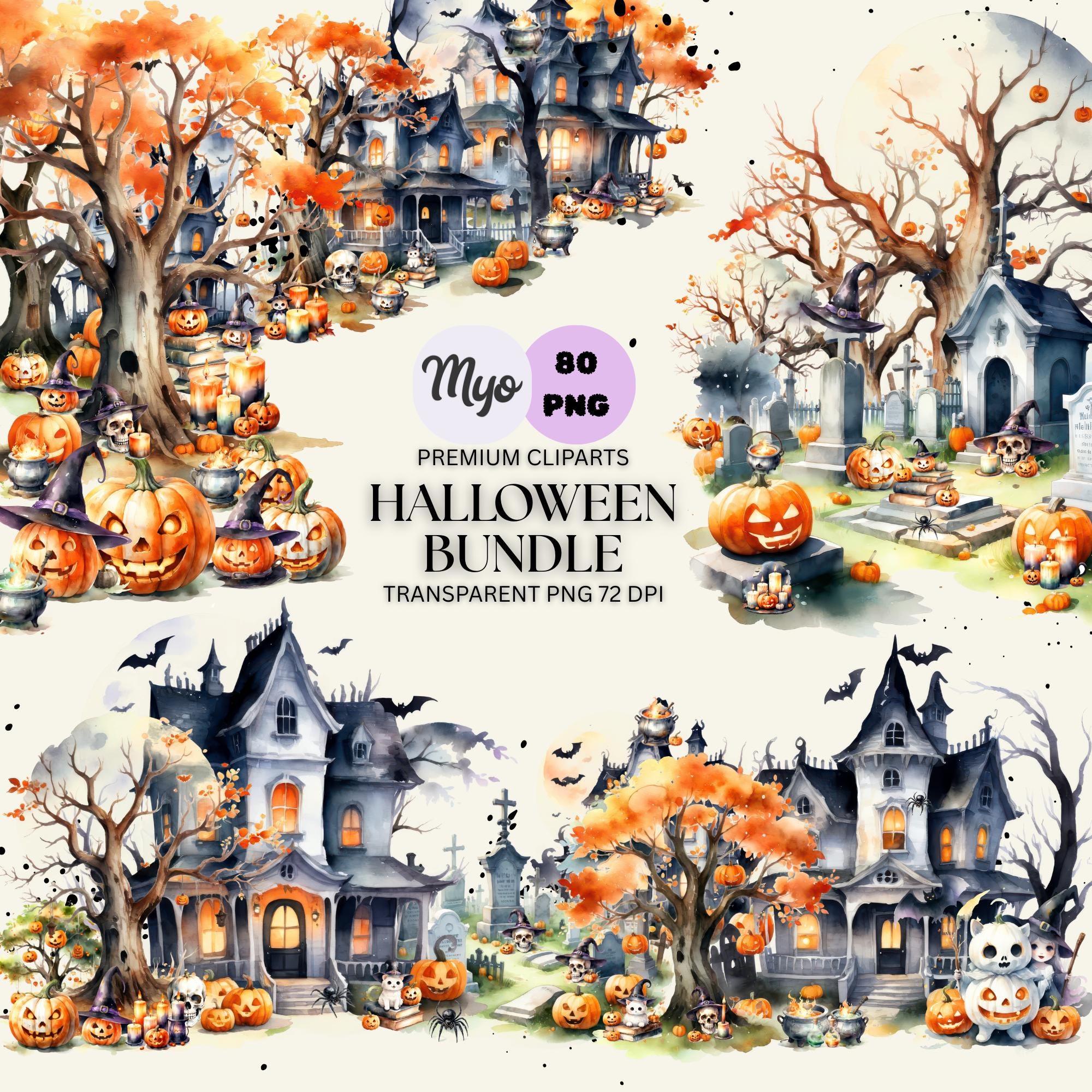 Spooky Halloween Tree Clipart Collection: 12 PNG Graphics With Jack-o ...