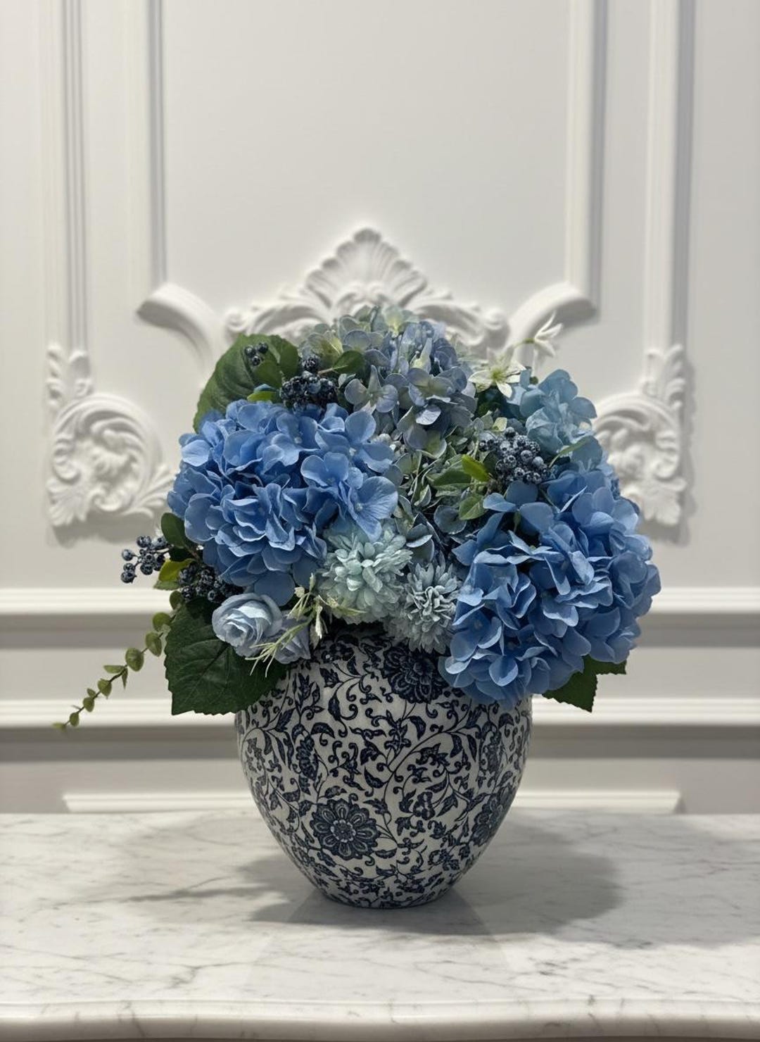 Blue Hydrangea Arrangement, Hand-painted Planter, Table Centerpiece ...