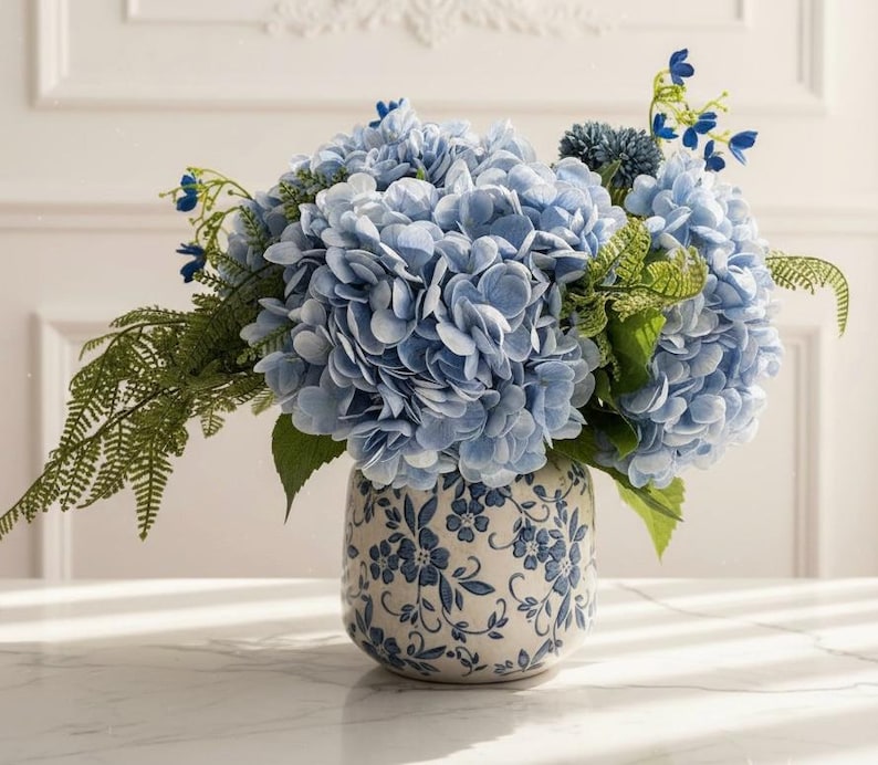 Blue Hydrangeas Floral Arrangement, Real Touch Faux Flowers, Crackle ...