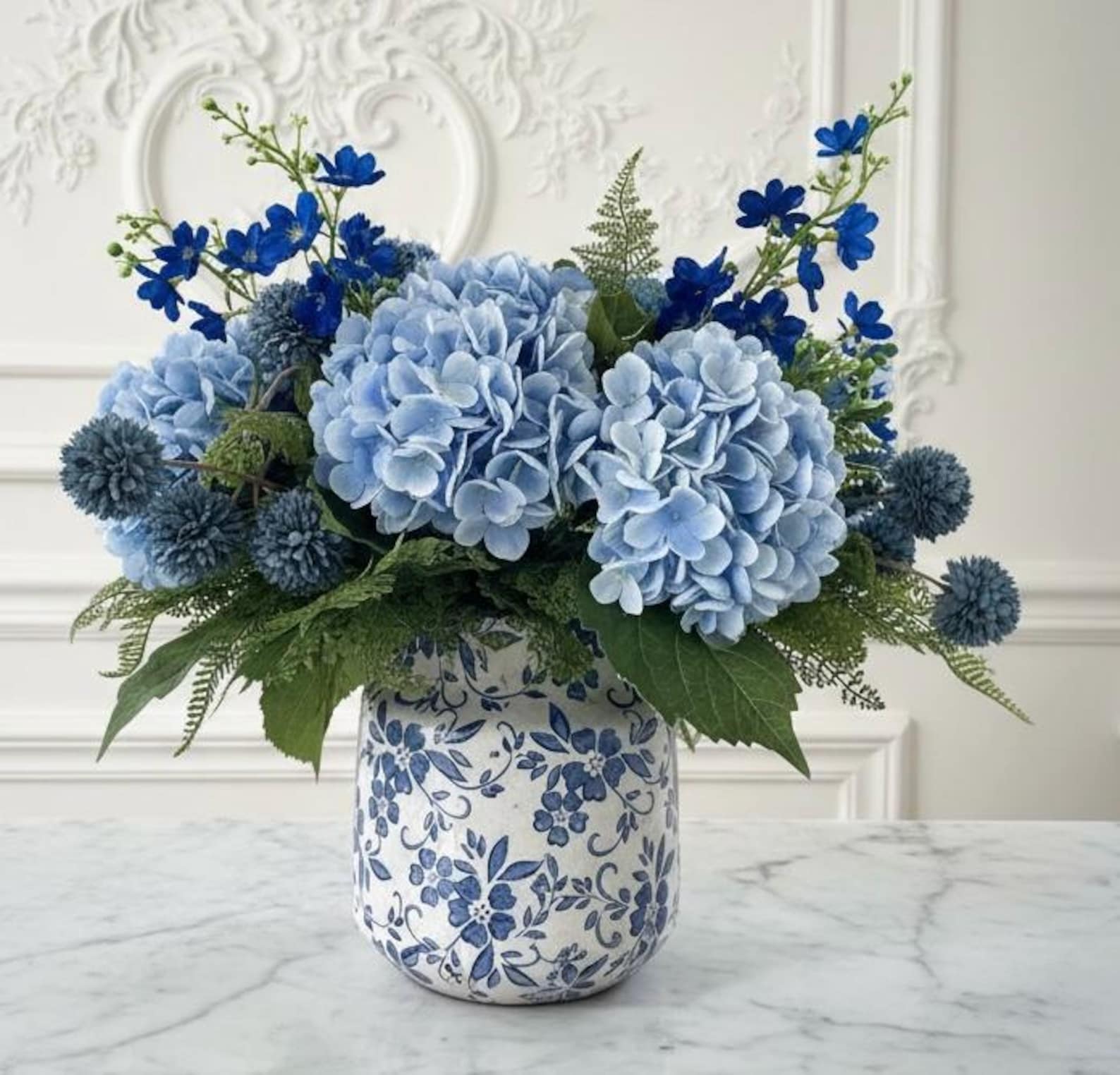 Blue Hydrangeas Floral Arrangement, Real Touch Faux Flowers, Crackle ...