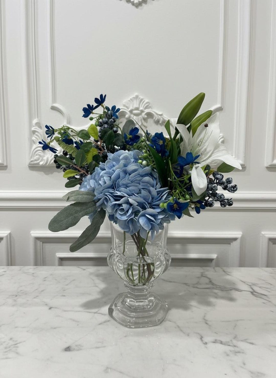 Faux Blue Hydrangeas and Floral Mix in Glass Urn Vase - Etsy