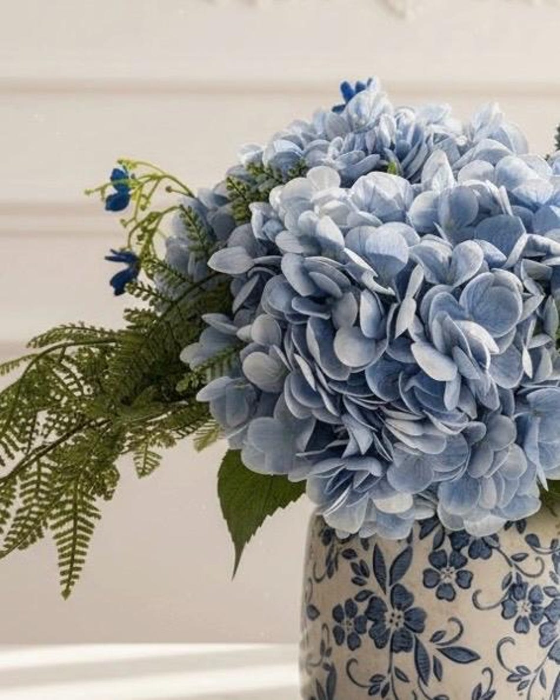 Blue Hydrangeas Floral Arrangement, Real Touch Faux Flowers, Crackle ...