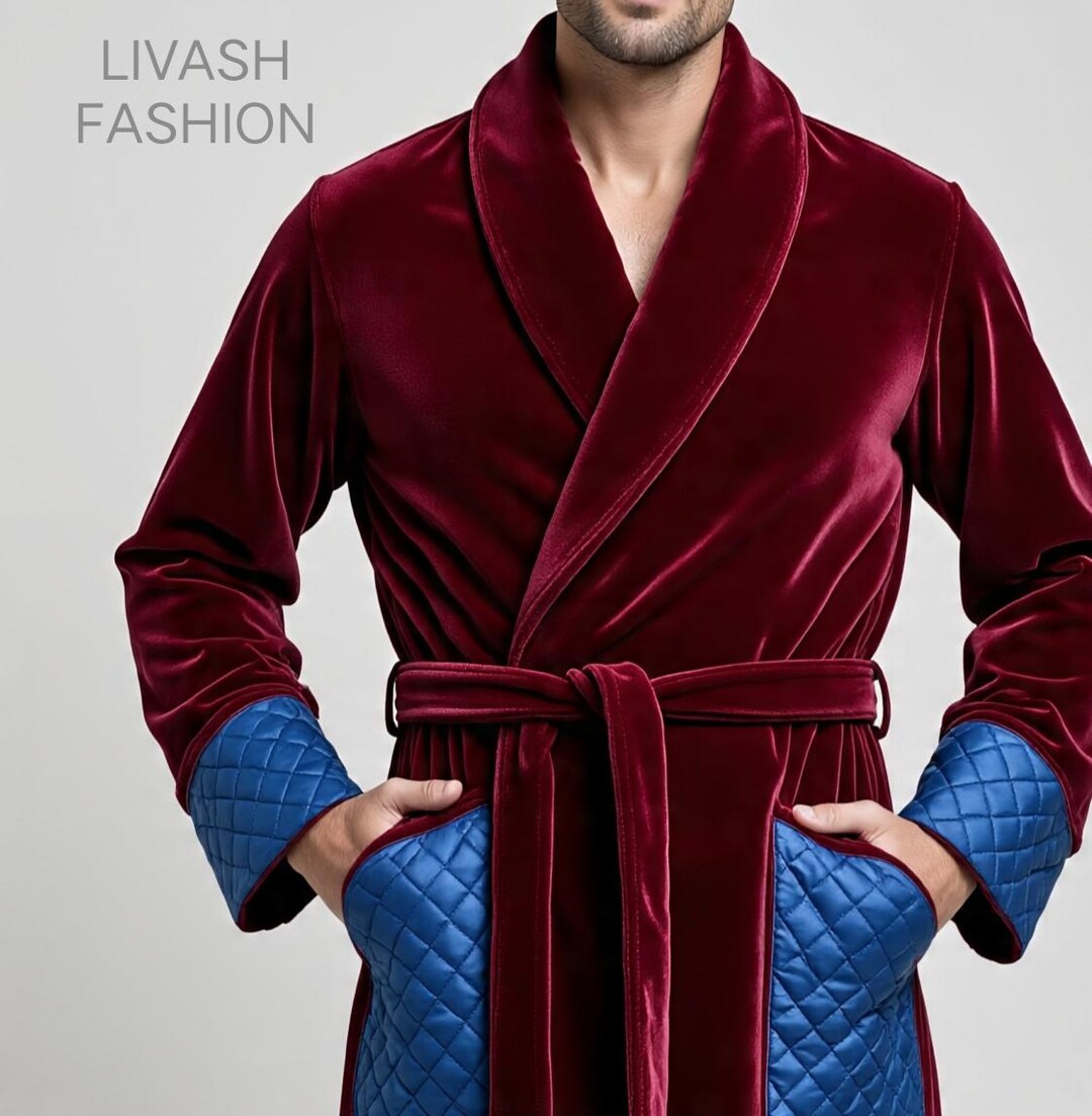 Men.s' Burgundy Velvet Smoking Jacket Gown Blue Jacket Robe Dinner ...
