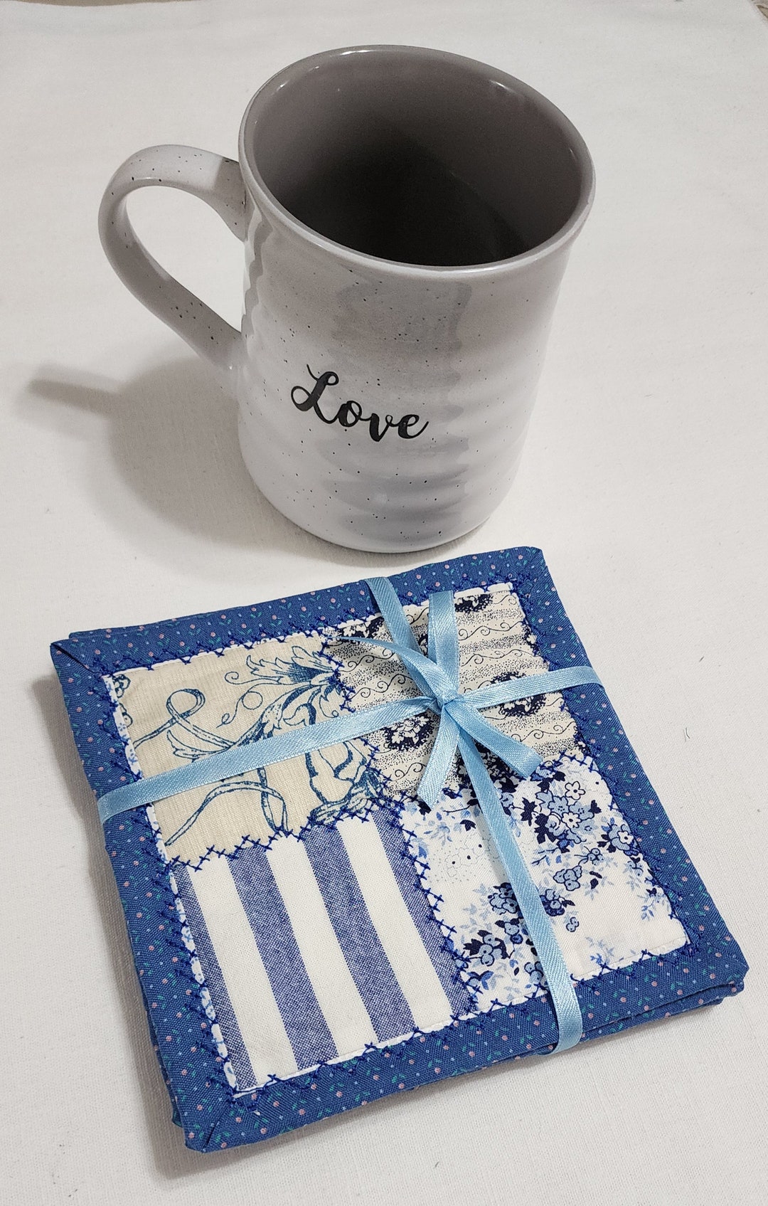 Quilted Coasters Set of Four 4, Patchwork Mug Rugs Set, Blue Quilted ...