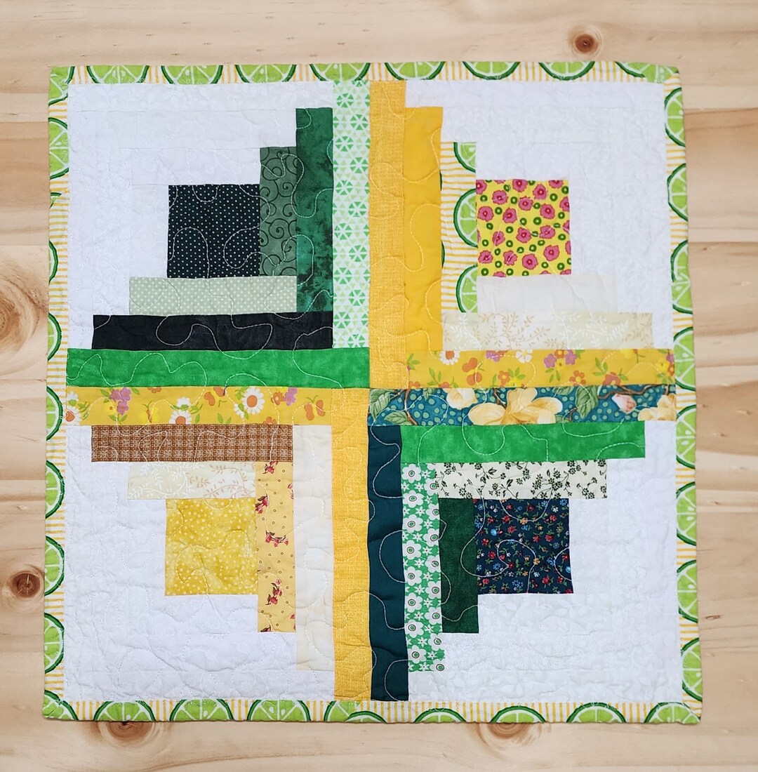Patchwork Log Cabin Table Topper or Mat Yellow, Green and White Cotton ...