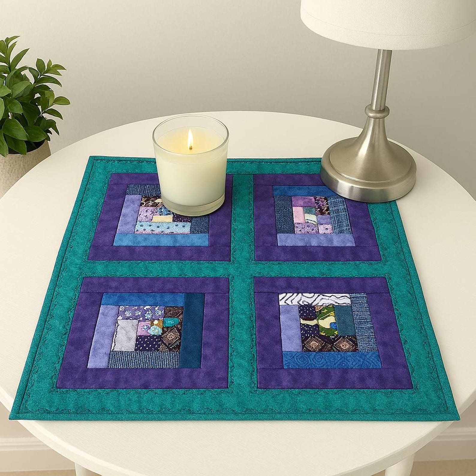 Teal and Purple Quilted Log Cabin Table Topper - Etsy