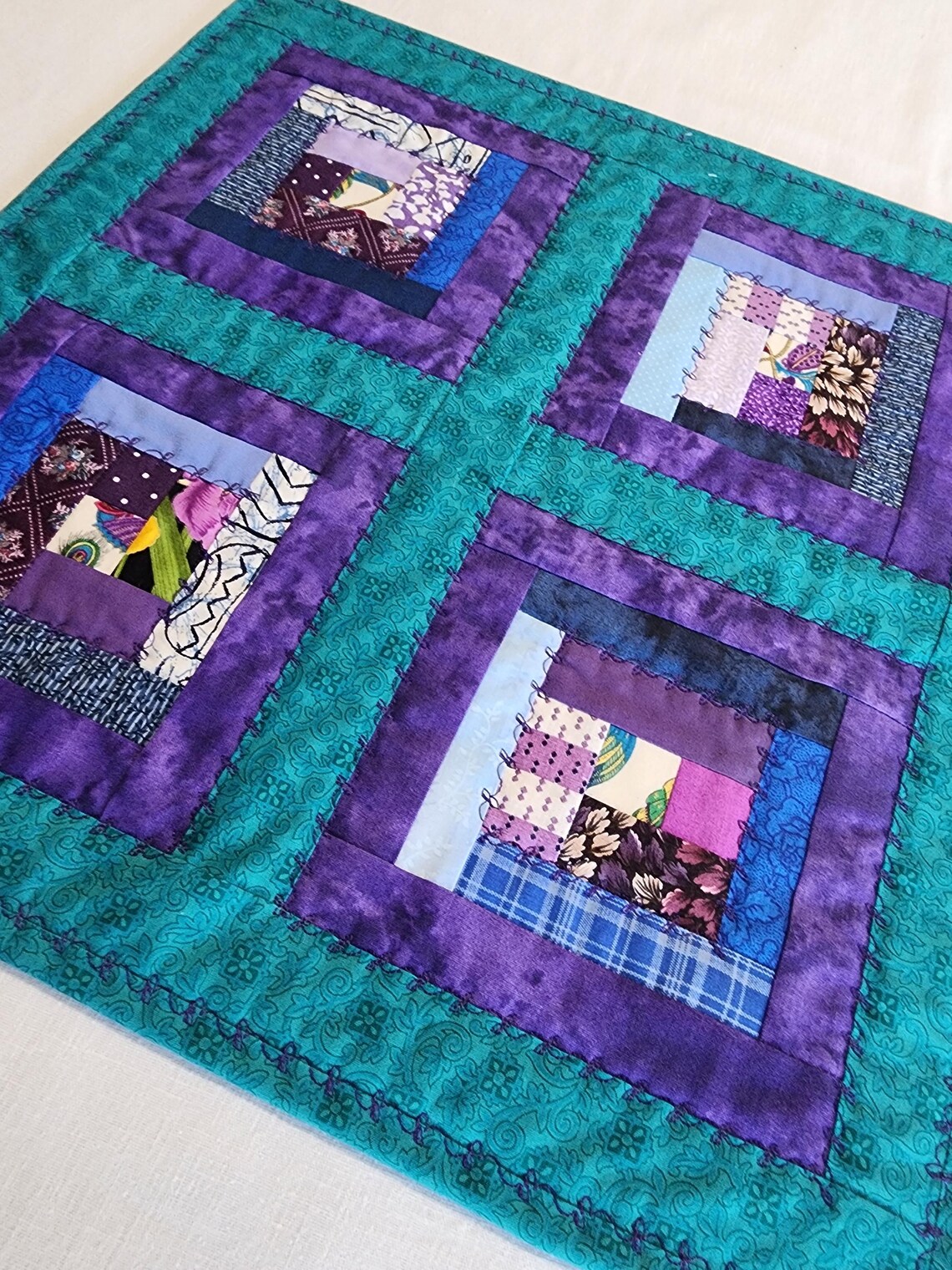 Teal and Purple Quilted Log Cabin Table Topper - Etsy