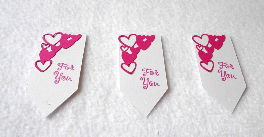 Hand Stamped Die Cut Pink Hearts Gift Tag, Set of Three Valentine Gift ...