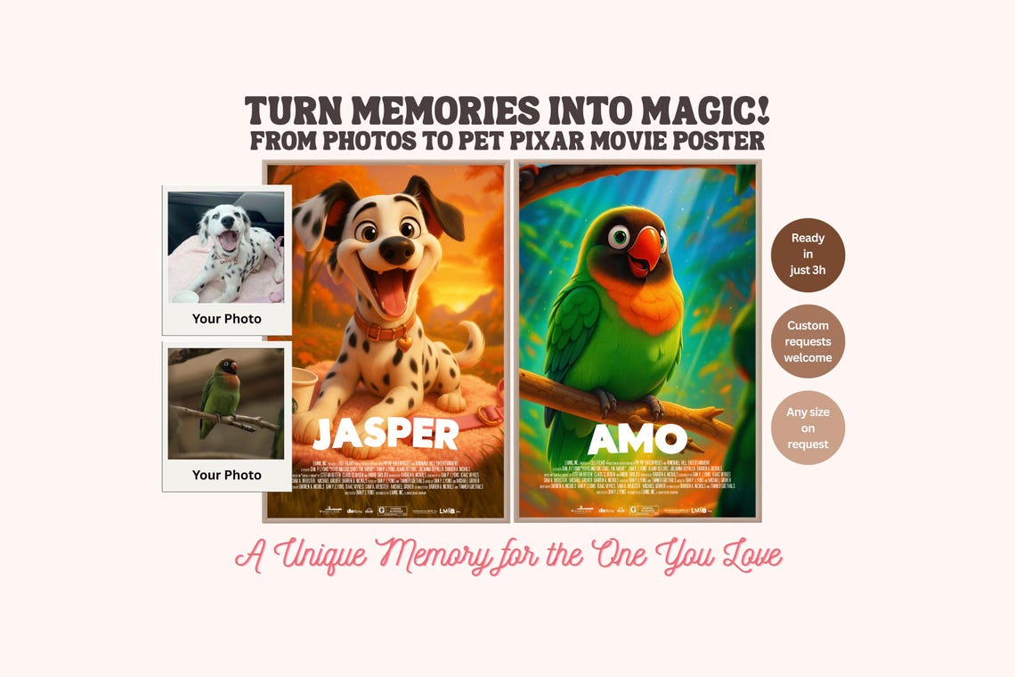Custom Pixar-style Pet Movie Poster | 3D Animated Portrait From Photo ...