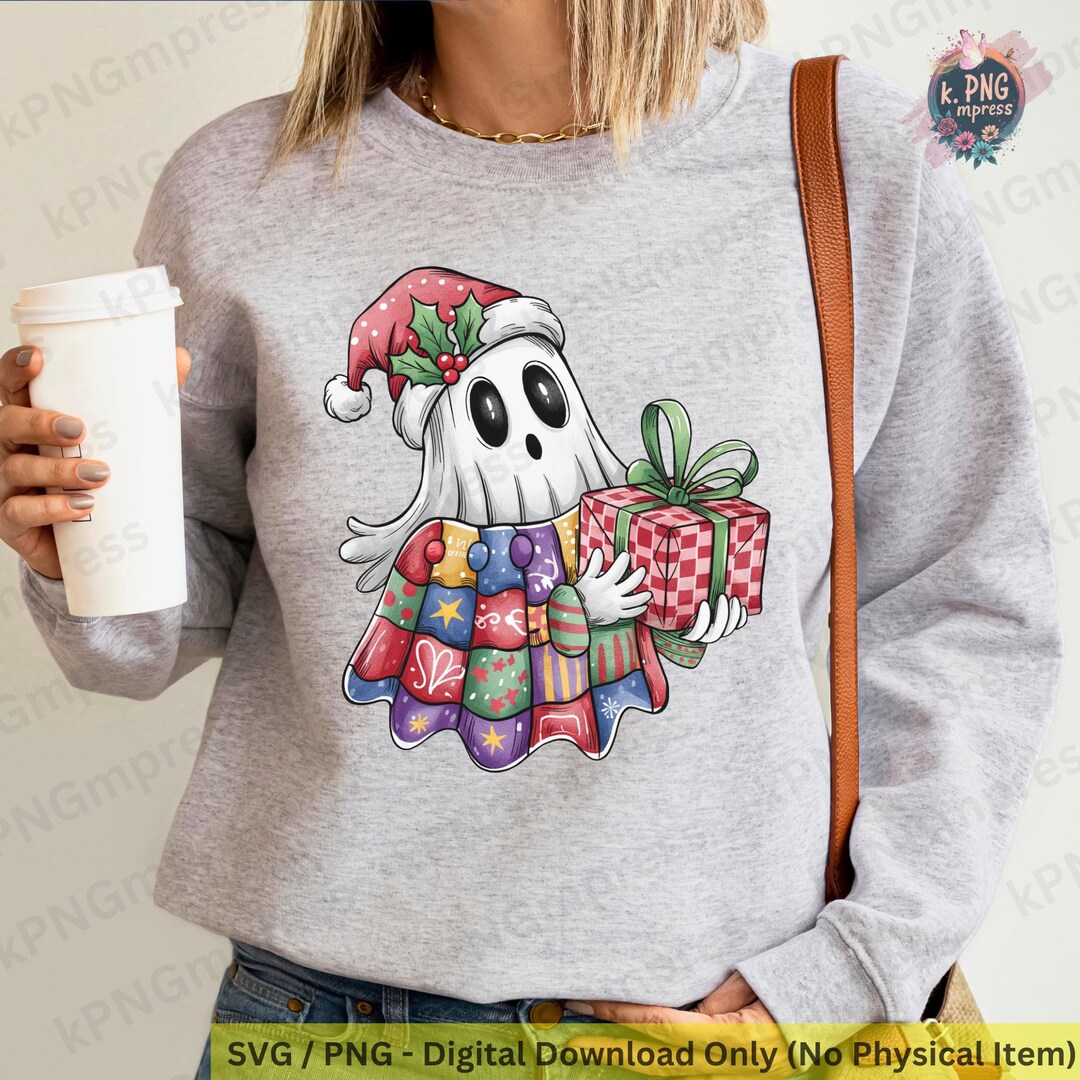 Retro Patchwork Christmas Ghost PNG SVG, Cute Holiday Ghost Clipart ...