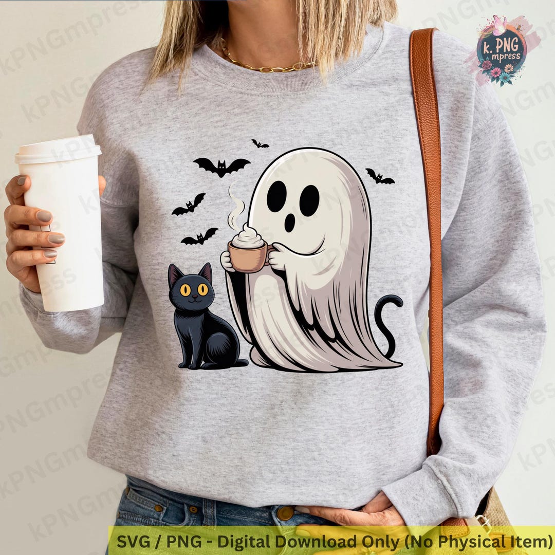 Cute Halloween Ghost Cat PNG SVG, Minimalist Cartoon Ghost Cat Clipart ...
