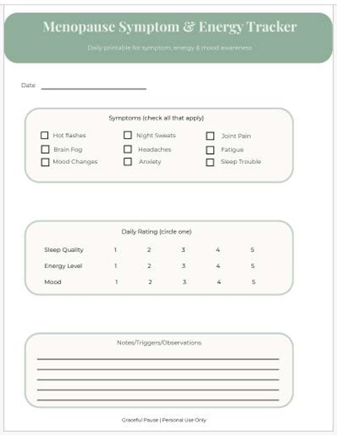Menopause Symptom Tracker Printable | Perimenopause Log | Energy and ...
