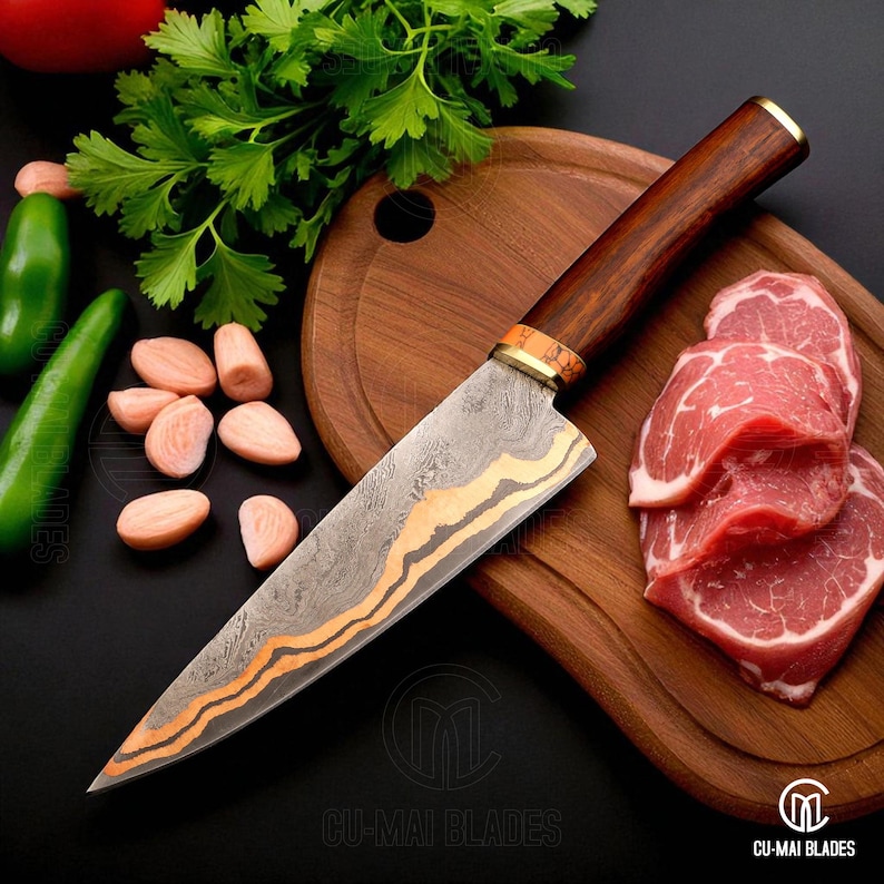 Handmade Copper Damascus Chef Knife: Rosewood Handle, Leather Sheath - Etsy