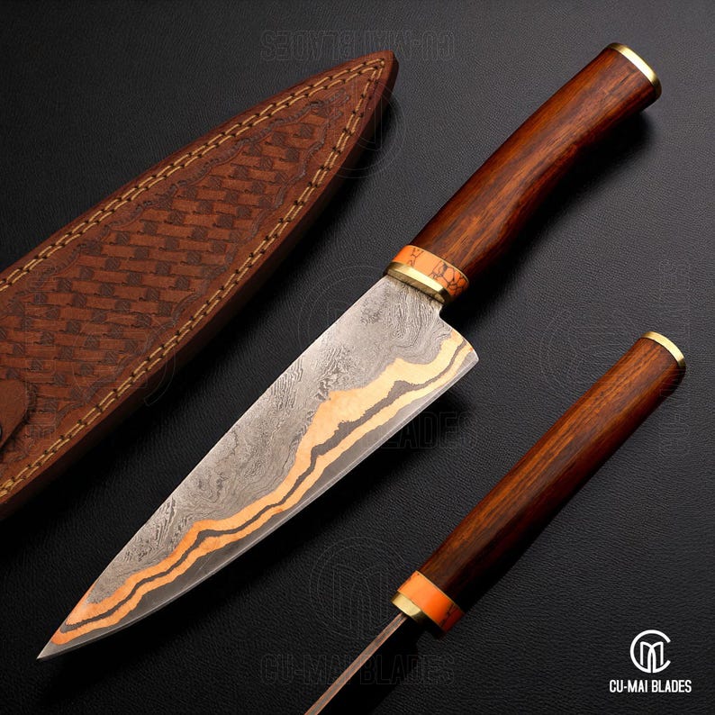 Handmade Copper Damascus Chef Knife: Rosewood Handle, Leather Sheath - Etsy
