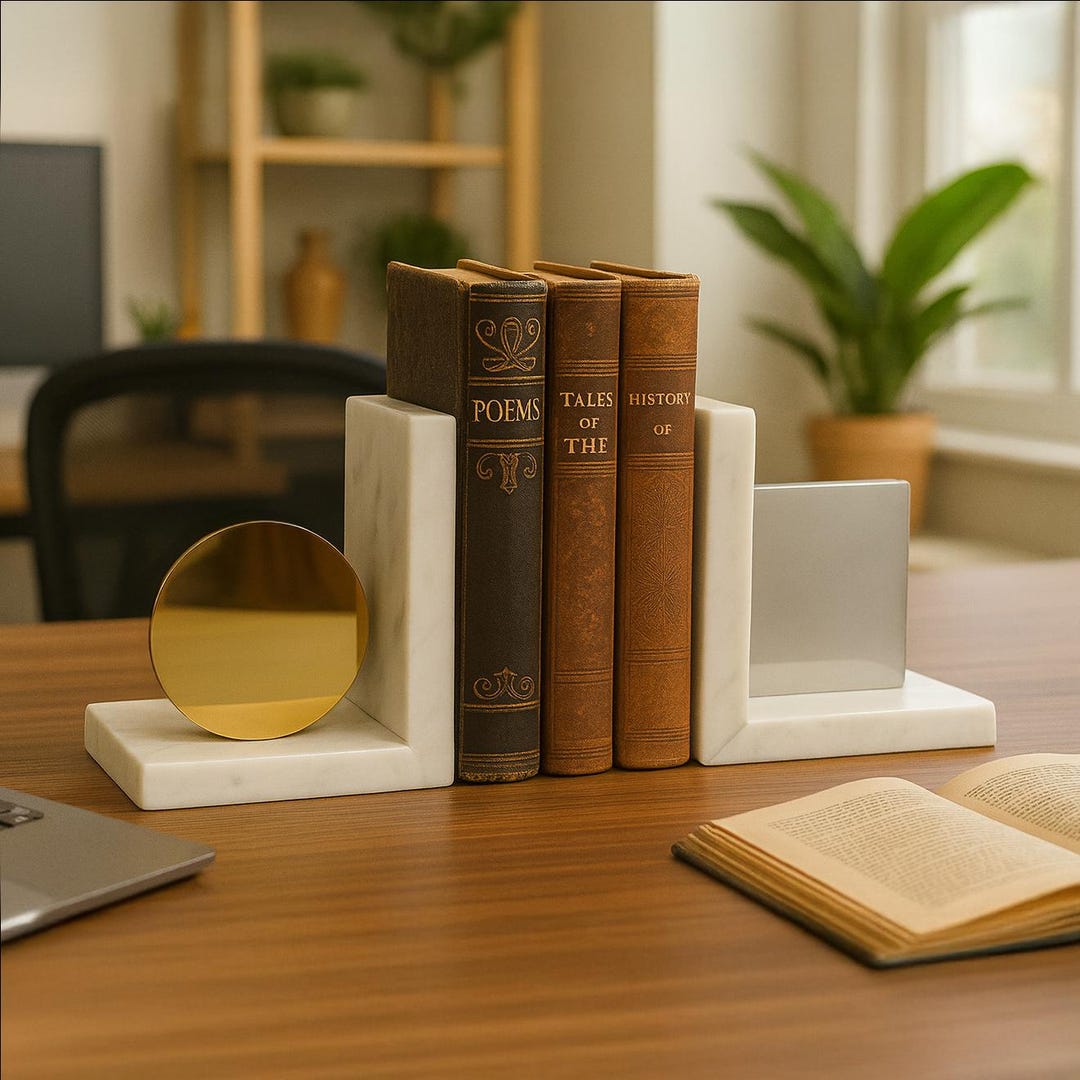 Marble Geometric Bookends: Gold Circle & Silver Square - Elegant Home ...