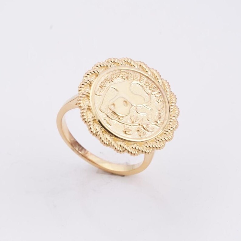 Panda Coin Ring 14K Yellow Gold Handmade Ring for Women Animal Jewelry ...