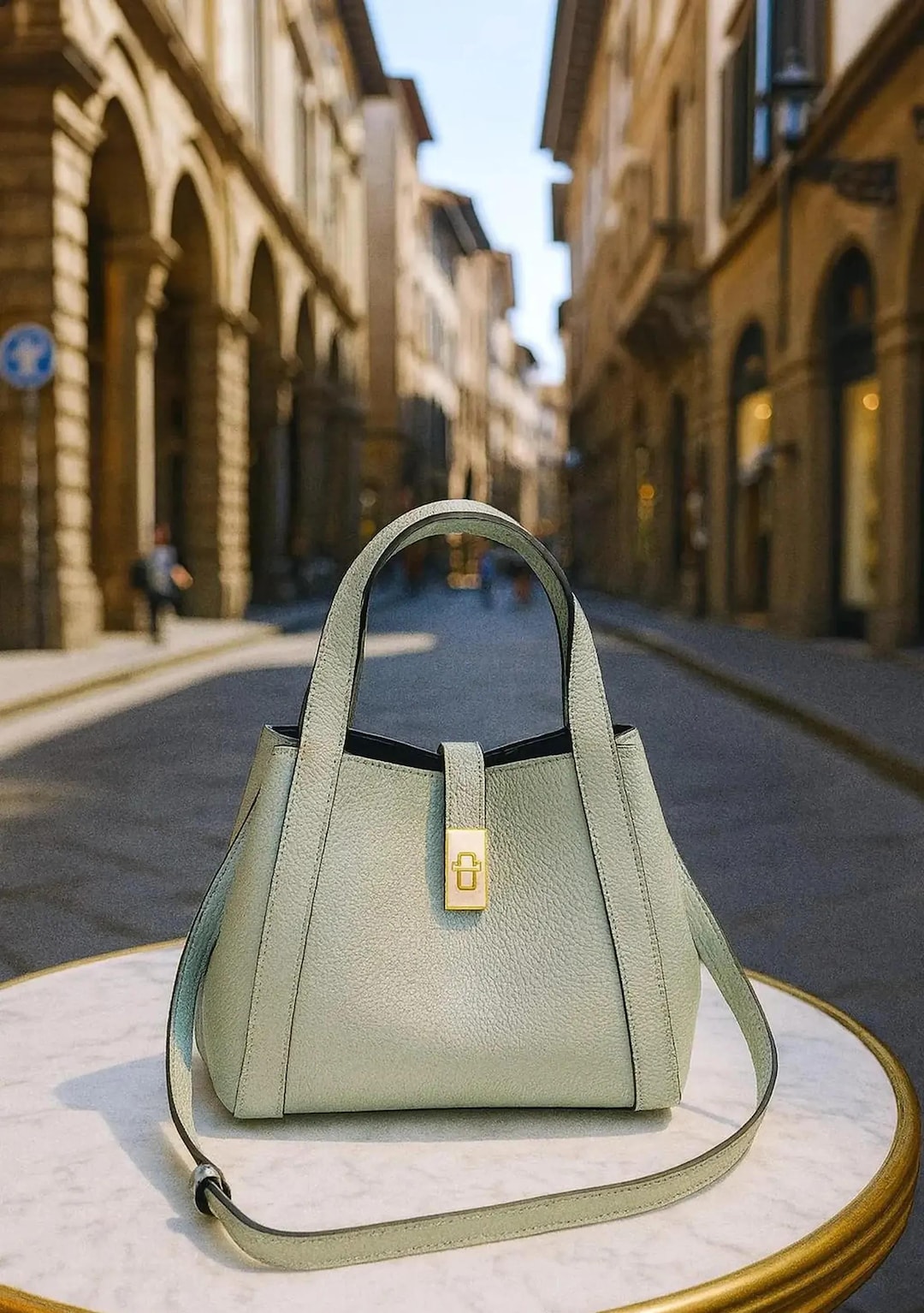 Italian Leather Satchel Handbag, Sage Green Top Handle Bag, Gold Clasp ...
