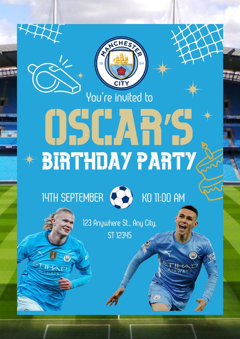 Manchester City Birthday Invitation | Personalised Football Party ...