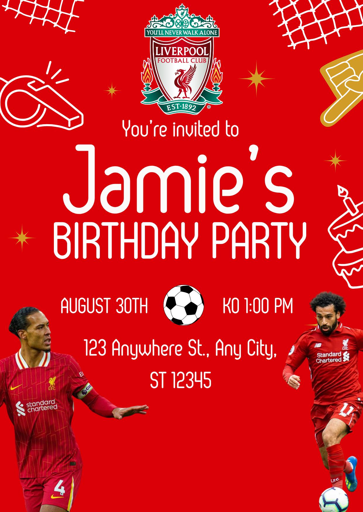 Liverpool FC Birthday Invitation: Personalized Football Party Invite ...