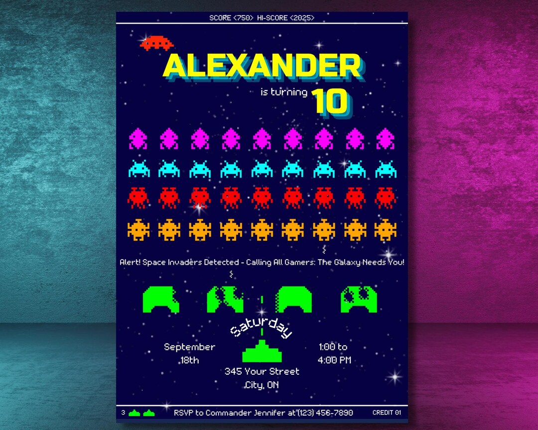 Space Invaders Editable Birthday Invitation | 8-bit Gamer Party ...