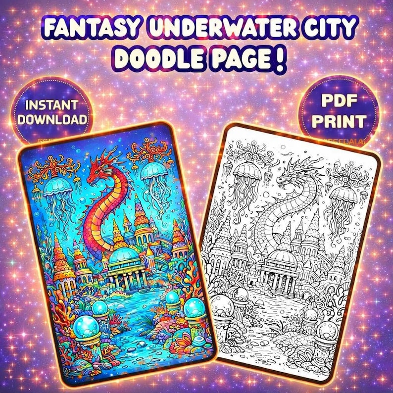 Underwater Fantasy City Coloring Page, Sea Dragon, Coral Towers ...
