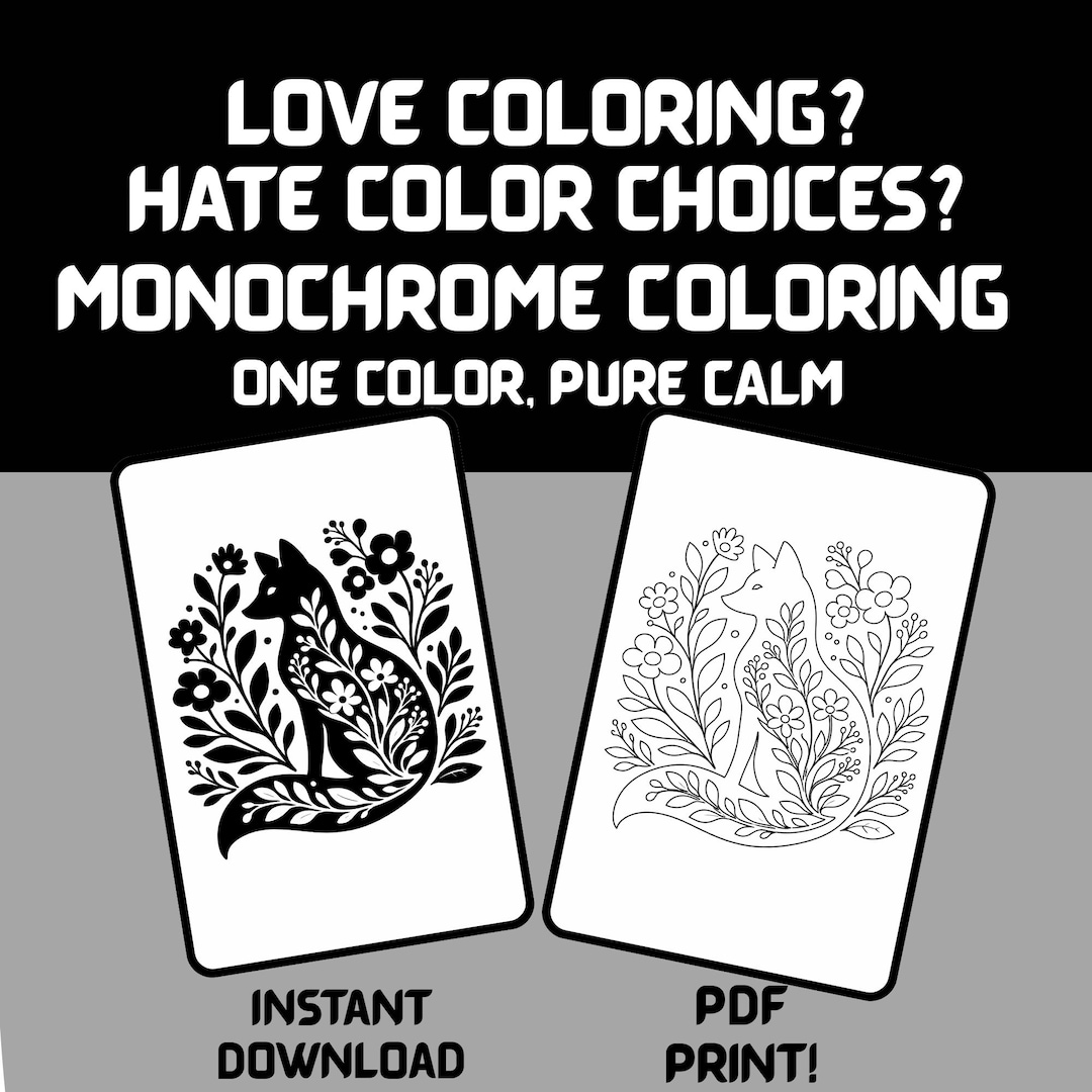 Monochrome Fox Coloring Page | Mindful One-color Art | Black Ink ...
