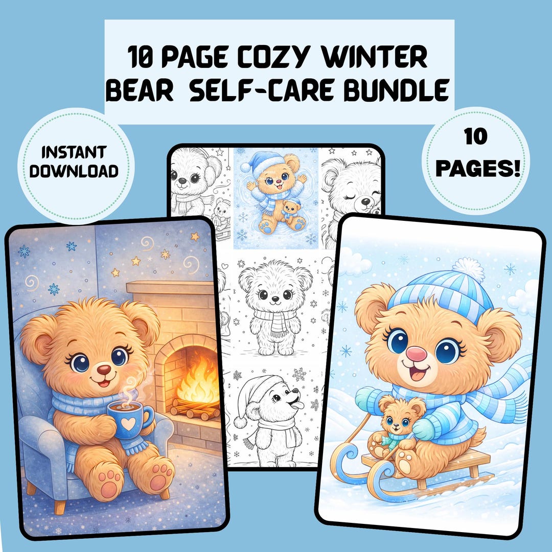 Cozy Winter Bear Coloring Pages | 10-page Self-care Bundle for Kids ...