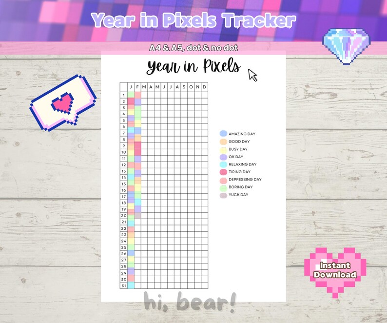 Year in Pixels Mood Tracker Printable: Kawaii Journal Page (A4/A5 PDF ...