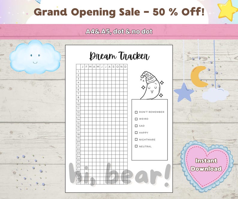 Dream Tracker Printable Digital Dream Journal Page Yearly | A4 A5 PDF ...