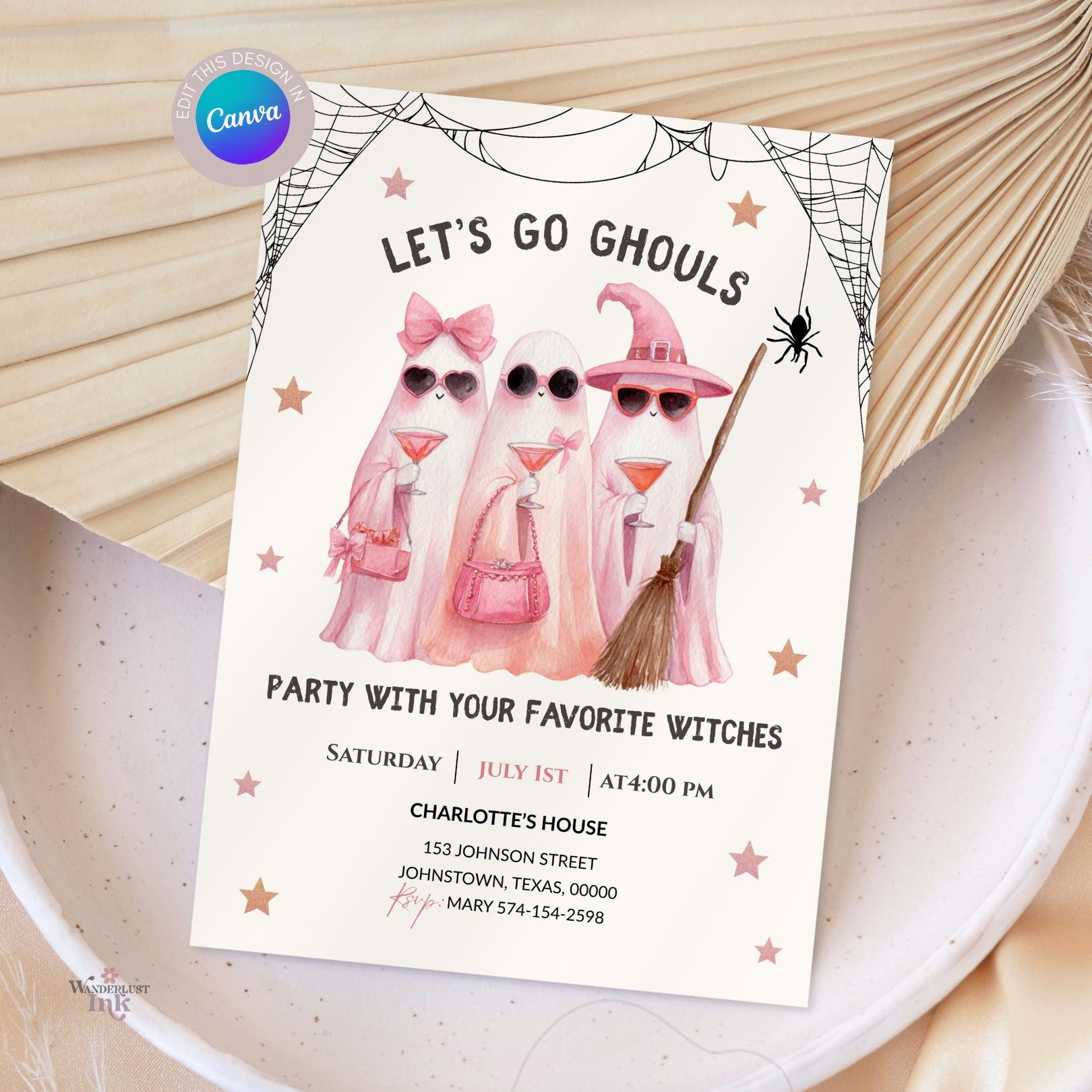 Pink Coquette Ghosts Halloween Party Invite, Let’s Go Ghouls Editable ...