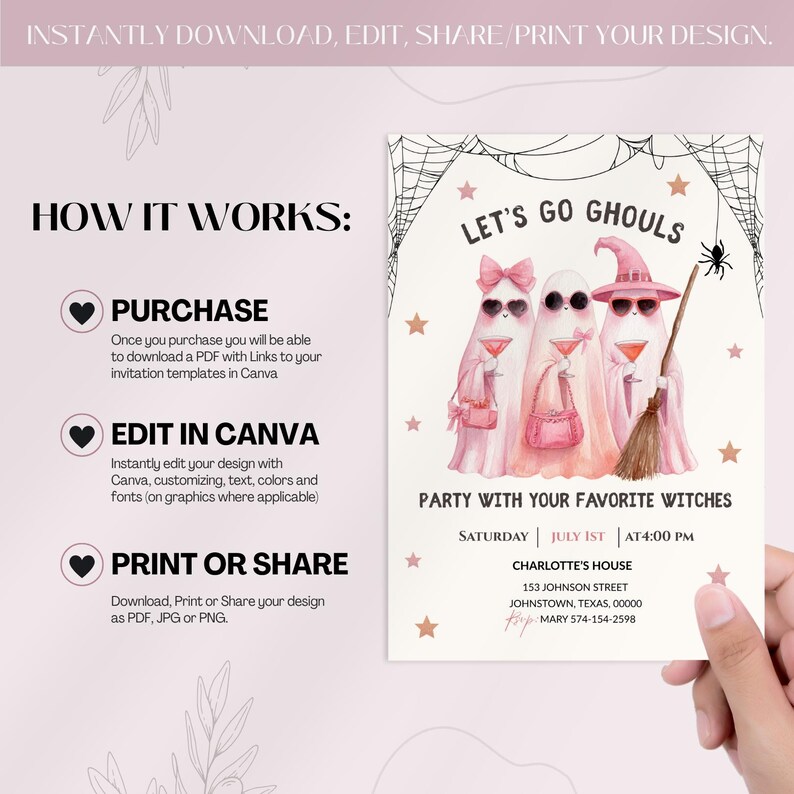 Pink Coquette Ghosts Halloween Party Invite, Let’s Go Ghouls Editable ...