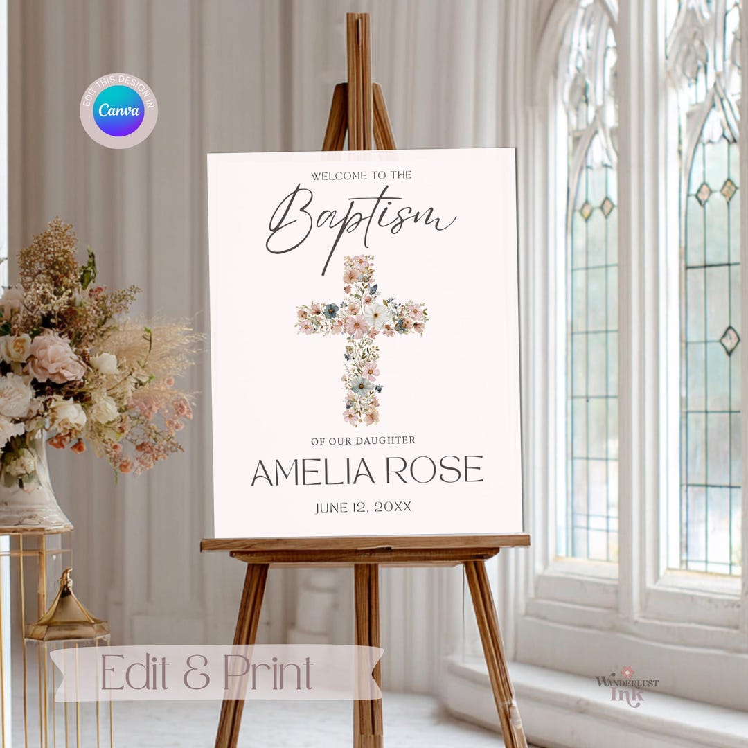 Editable Baptism Welcome Sign Template Girl, Floral Cross Christening ...