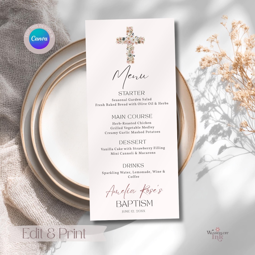 Editable Baptism Menu Template Girl, Floral Cross Canva Menu Sign ...