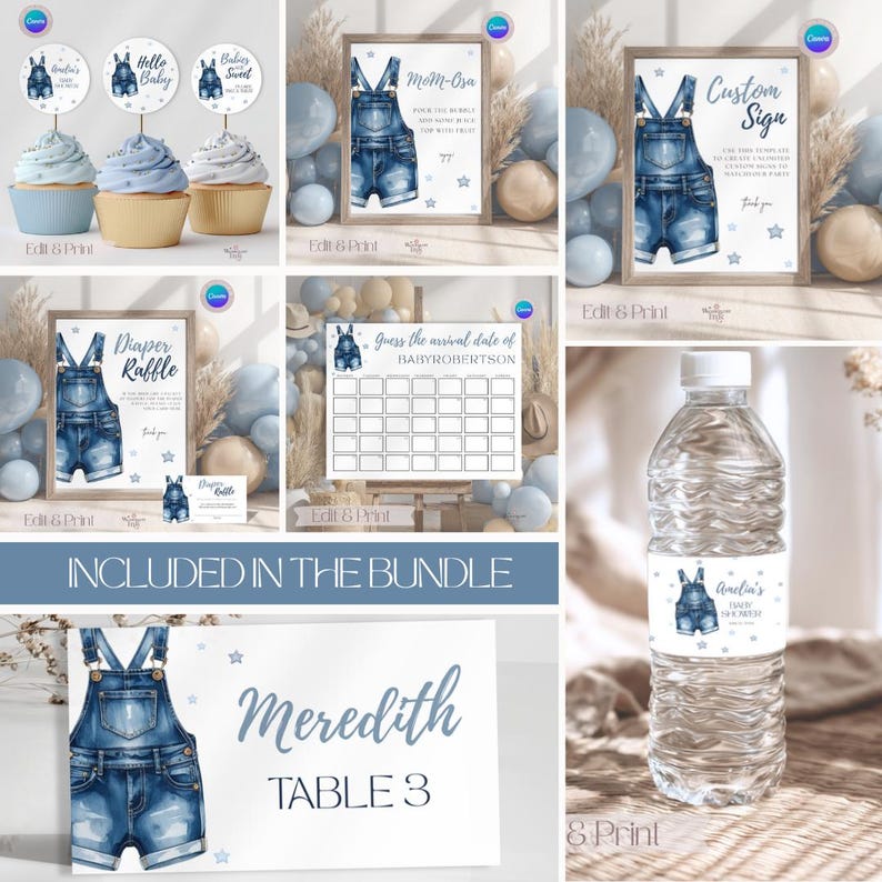 Blue Jean Baby Shower Mega Bundle, Editable Canva Templates, Denim ...
