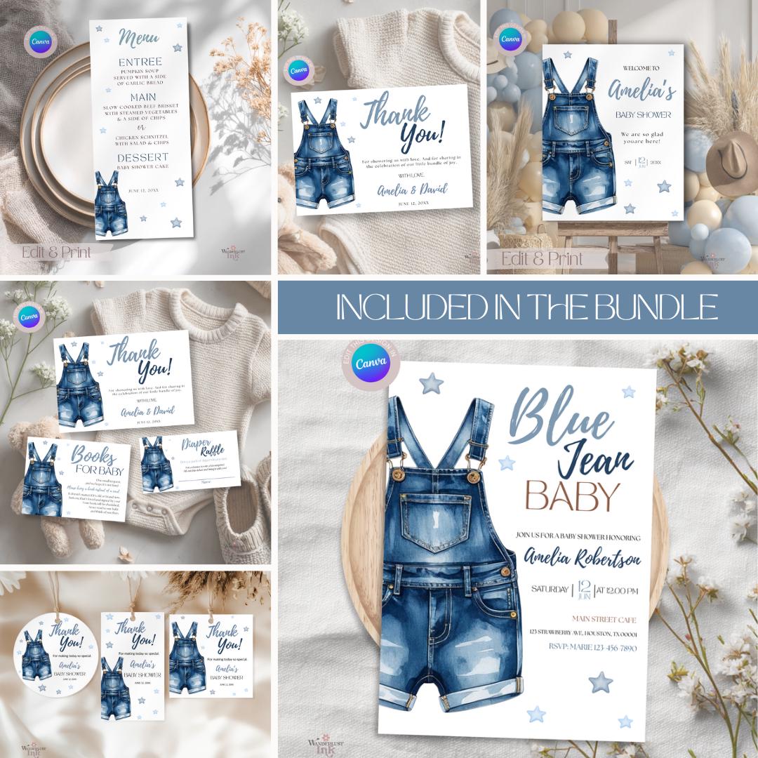 Blue Jean Baby Shower Mega Bundle, Editable Canva Templates, Denim ...