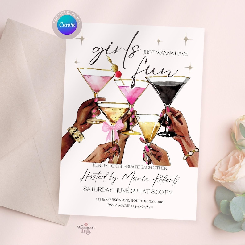 Girls Night Invitation Editable Canva Template, Martini Theme Canva ...