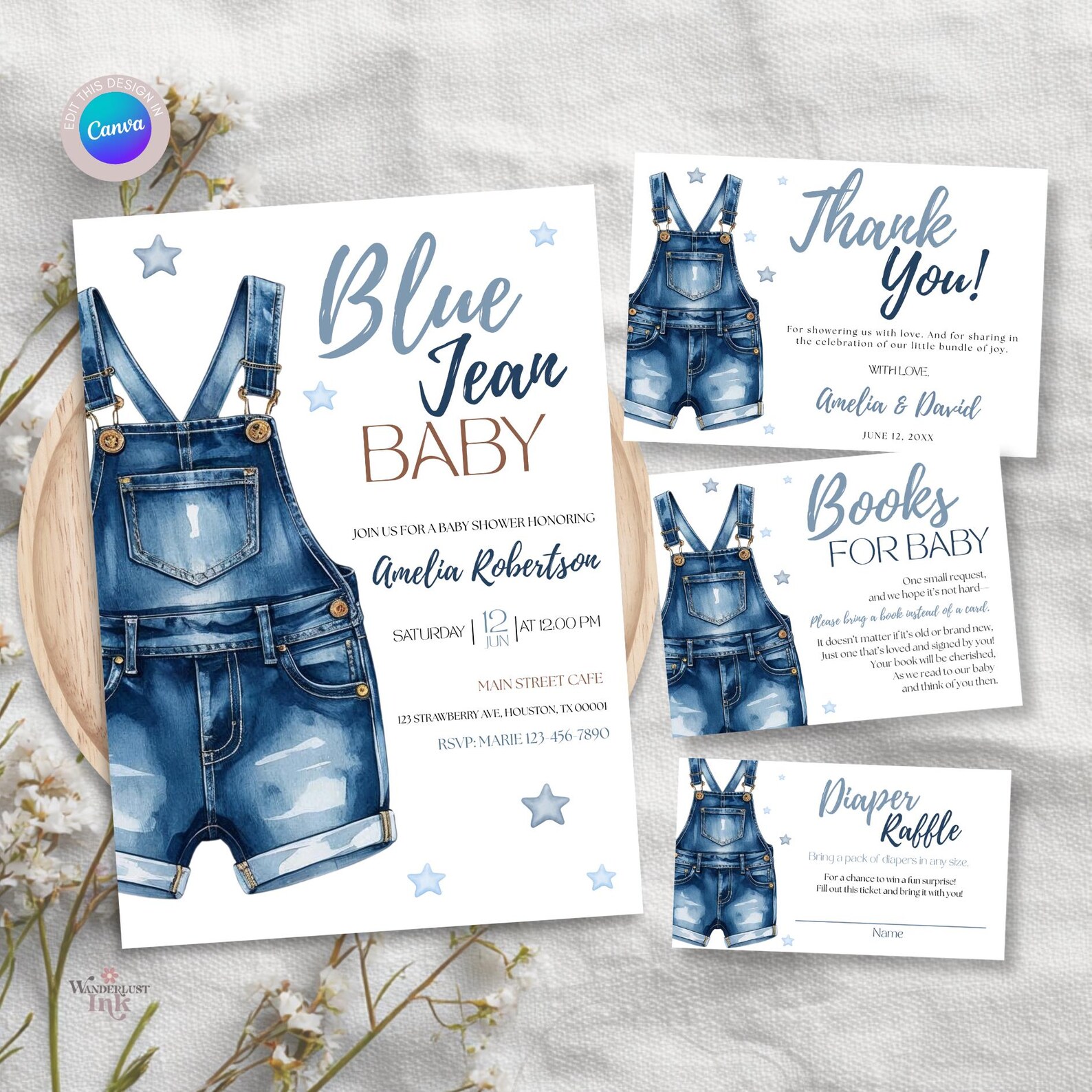 Blue Jean Baby Shower Mega Bundle, Editable Canva Templates, Denim ...