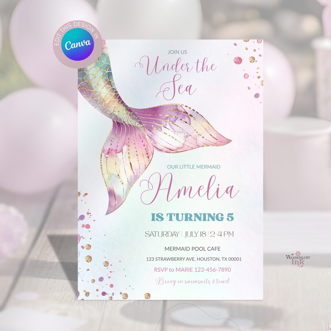 Pink Mermaid Invitation, Mermaid Birthday Invitation, Under the Sea ...