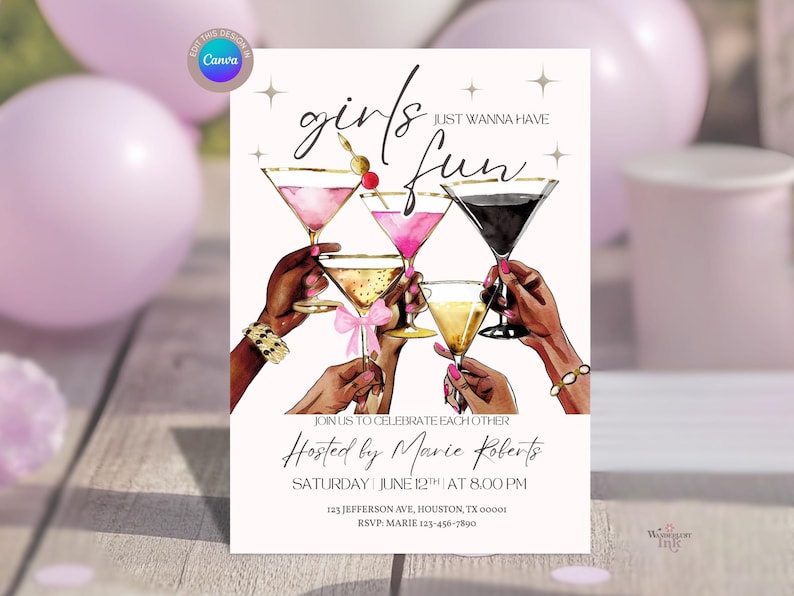 Girls Night Invitation Editable Canva Template, Martini Theme Canva ...